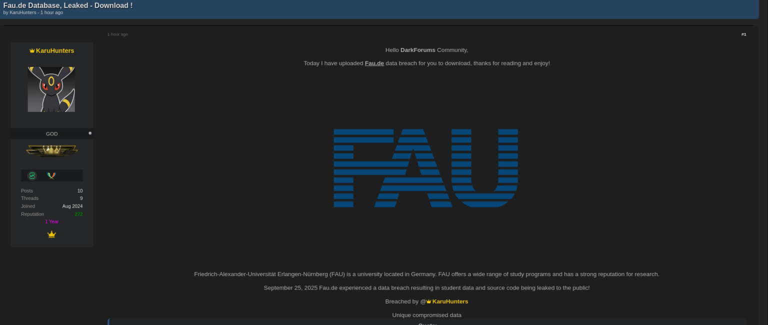 FAU Data Leak Revealed: 25 September 2025 — What We Know & Why It Matters | DarknetSearch